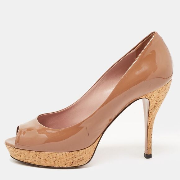 Gucci | Shoes | Gucci Brown Patent Leather Cork Platform Peep Toe Pumps ...